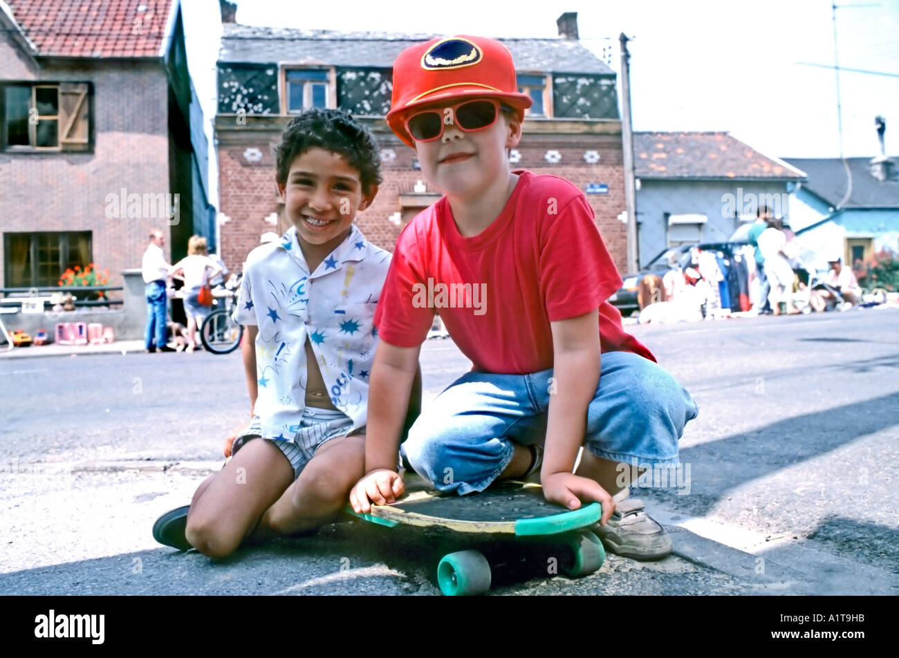 Multicultural France French Males Children Playing with Skateboard ...