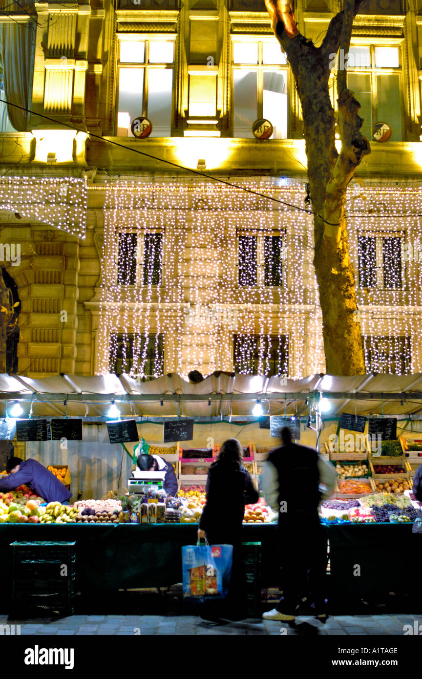 Paris France, People Shopping Farmers Market Lit up at Night, Christmas ...