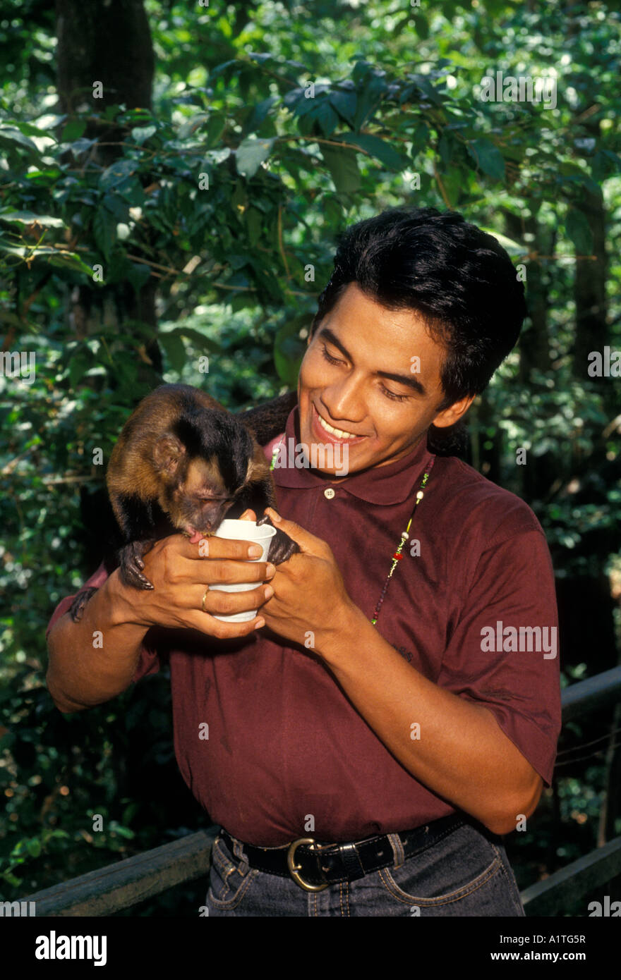 1 one Brazilian man with Capuchin monkey drinking water from cup along ...