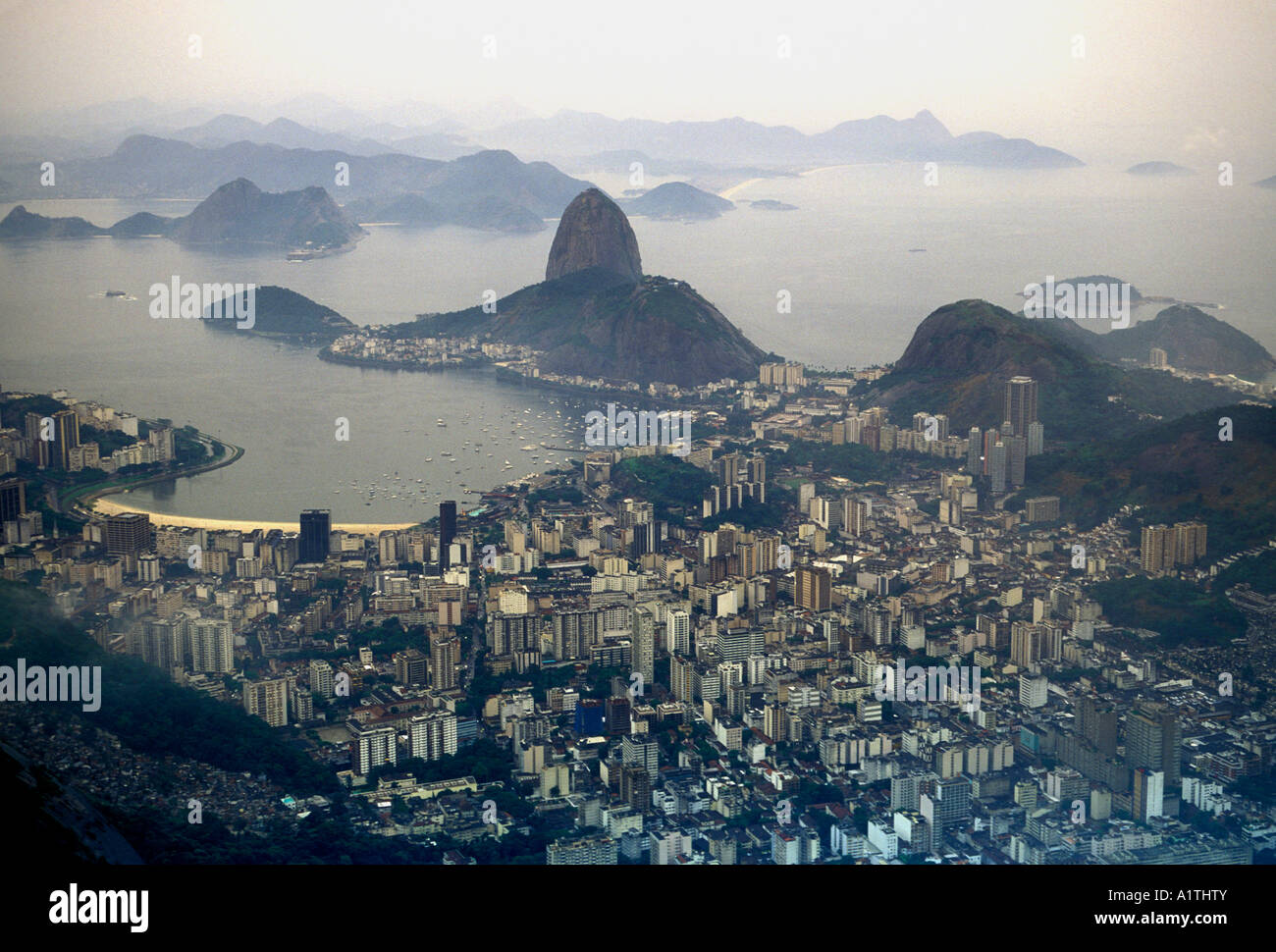 view from Corcovado, view toward Sugarloaf Mountain and Guanabara Bay ...