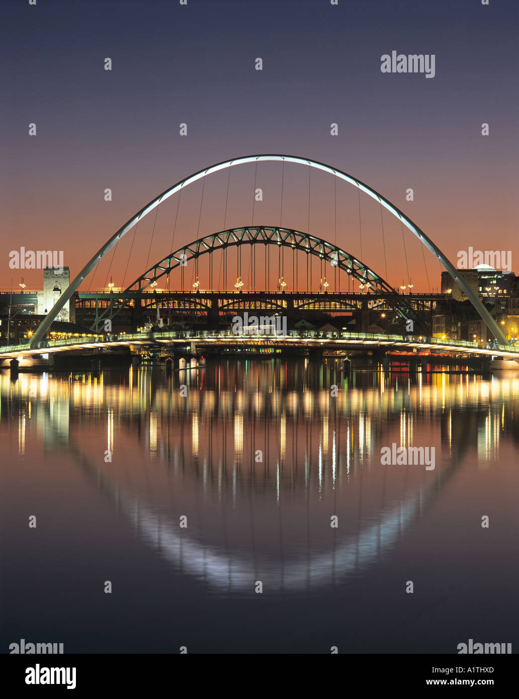 Iconic shot of the bridges over the River Tyne at night Stock Photo - Alamy