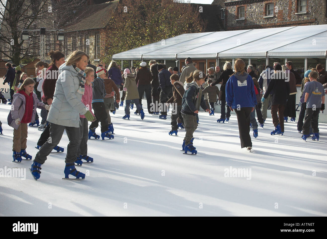 Temporary ice-skating rink in the inner close of Winchester cathedral ...