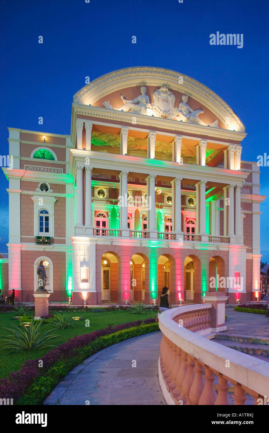Dusk view of Teatro Amazonas opera house in Manaus Amazonas state ...