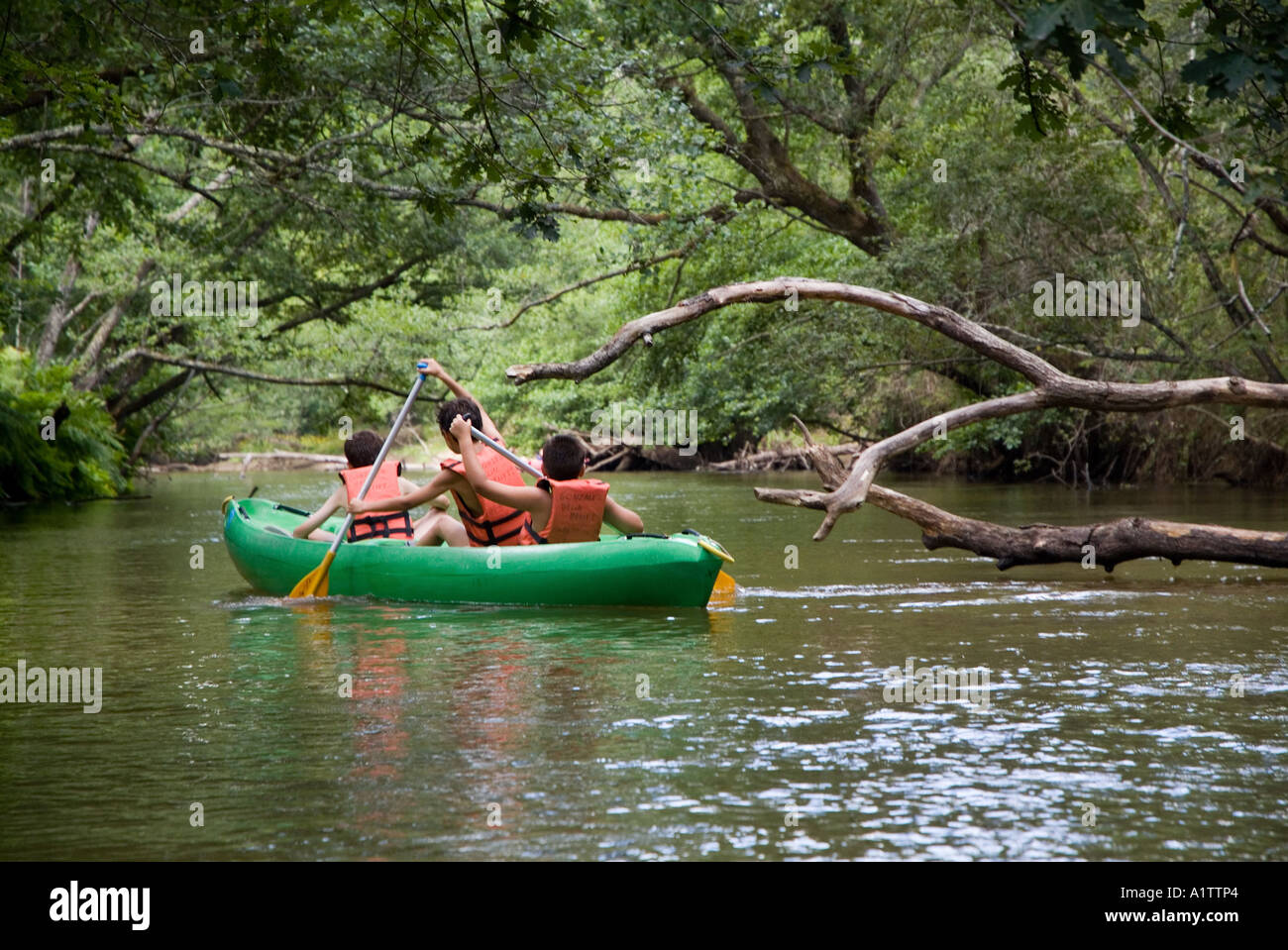 Three boys canoeing in the river Eyre river France Stock Photo - Alamy