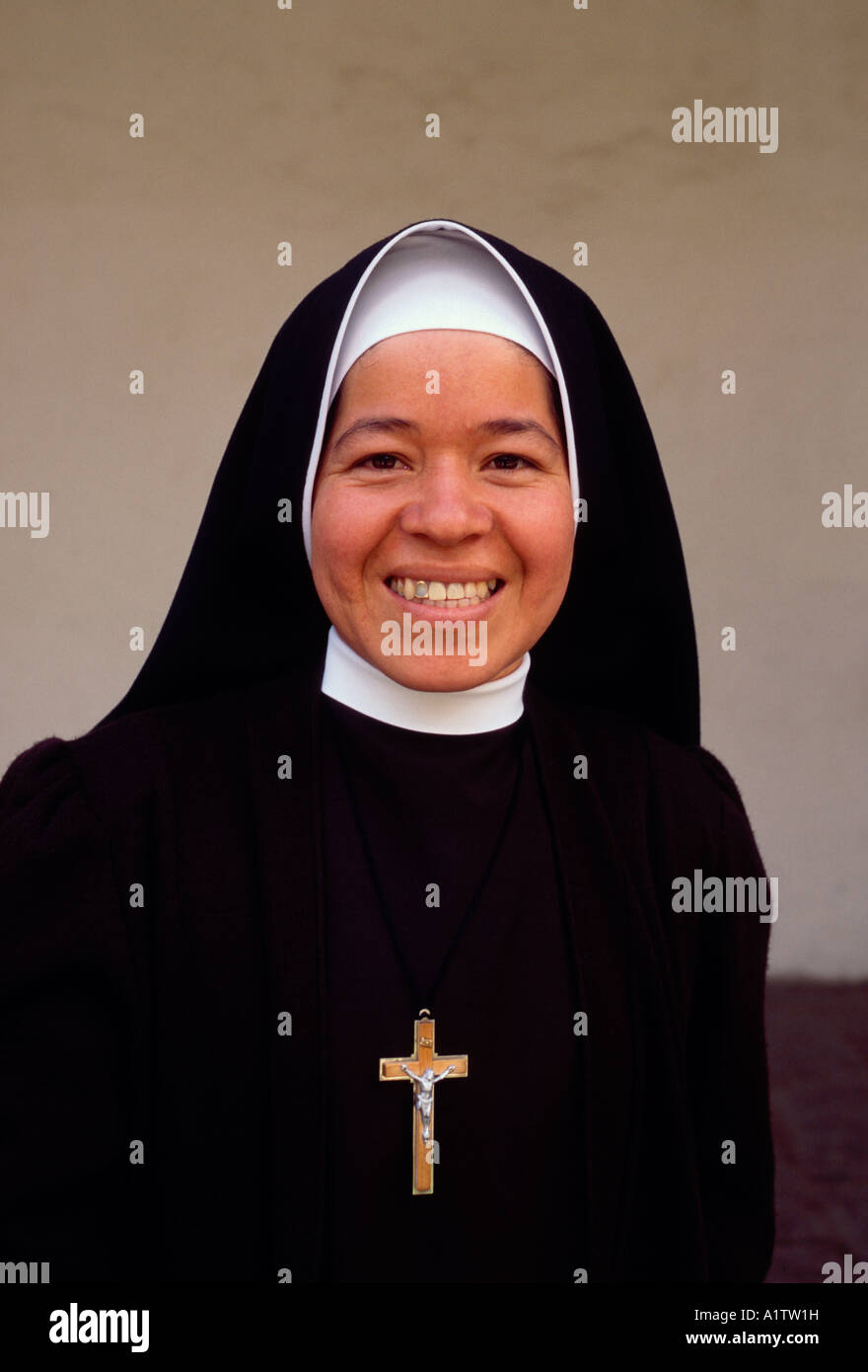 Ecuadoran woman, Franciscan nun visiting, eye contact, front view, San ...