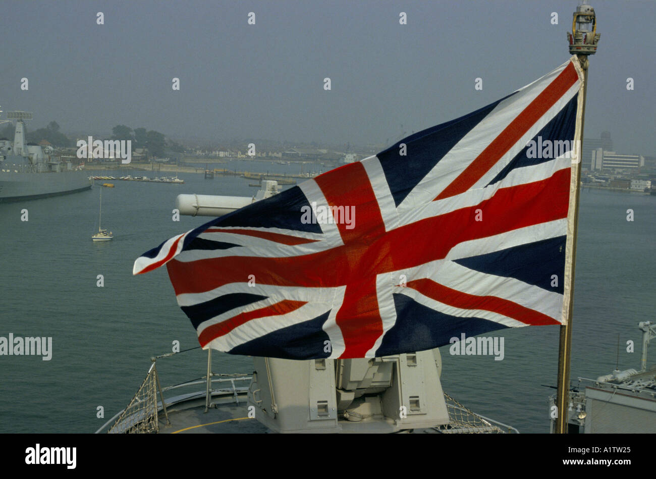 UNION JACK ON SHIP ROYAL NAVY OPEN DAY PORTSMOUTH 1990 Stock Photo - Alamy