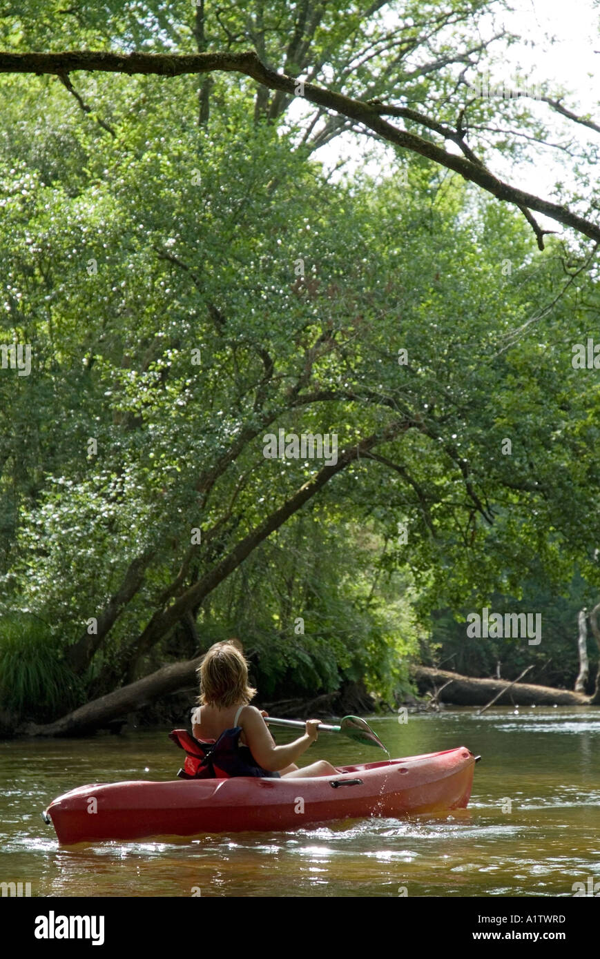 Rear view of a woman kayaking in the Eyre river France Stock Photo - Alamy