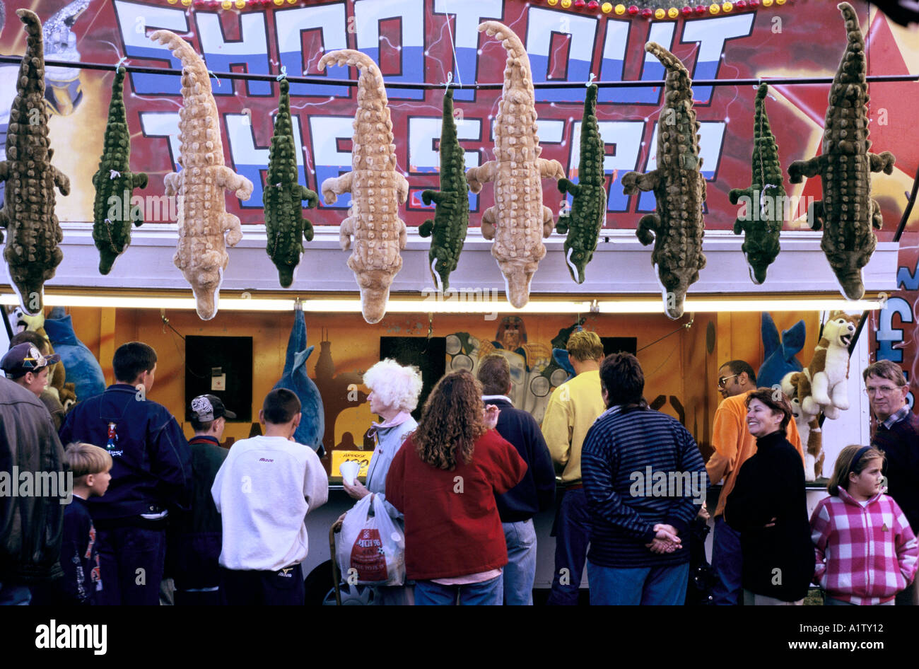 FAIRGROUNDS NOTTINGHAM GOOSE FAIR 1996.Back view of shooting range and ...