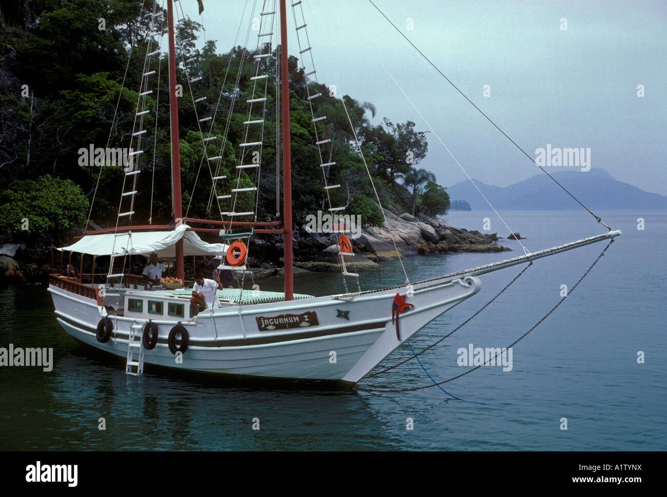 Yacht boat sailboat anchored in protected cove Bay of Sepetiba Jaguanum ...