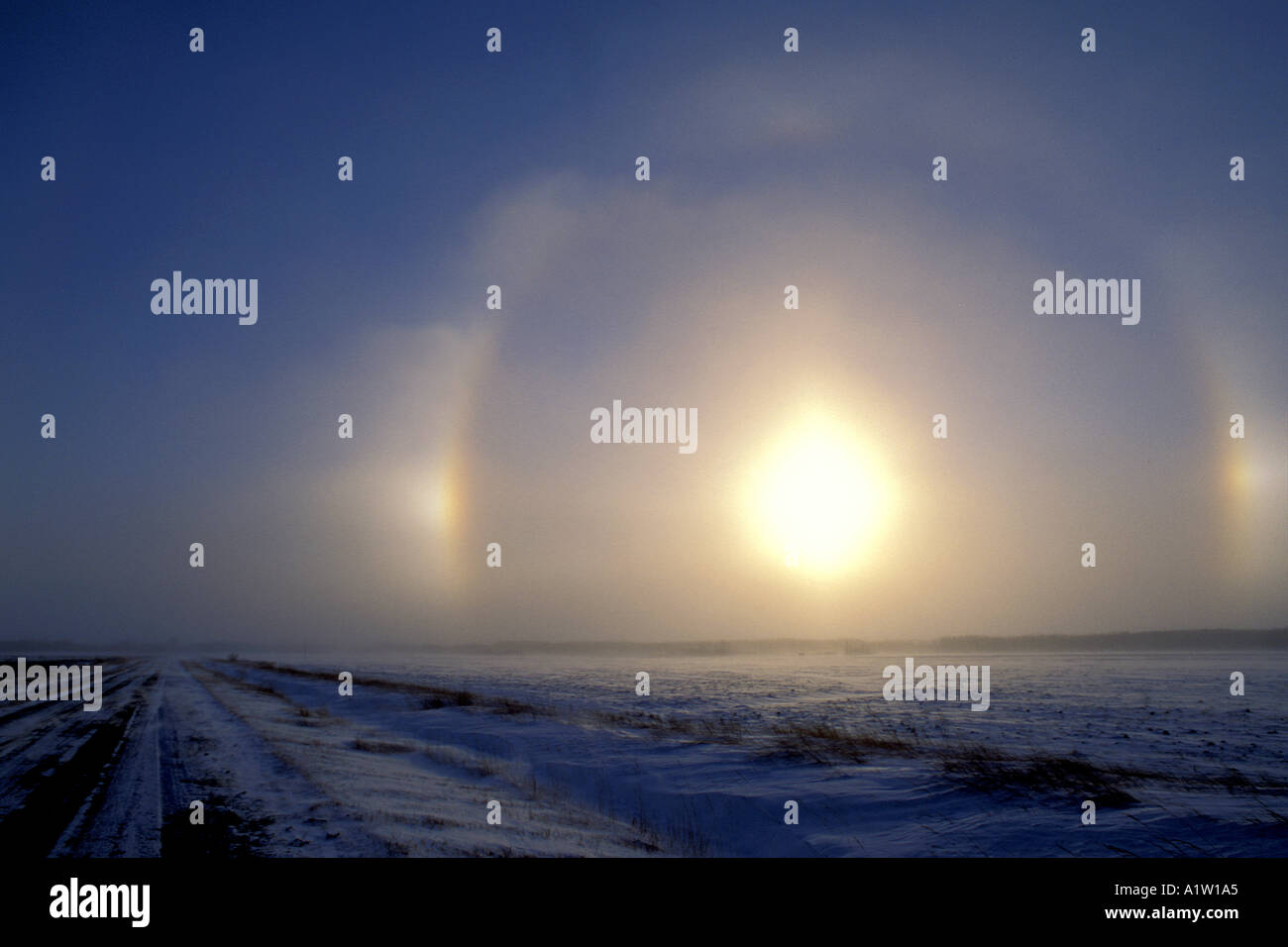 Winter circle sundog around sun over stormy prairie landscape beside ...