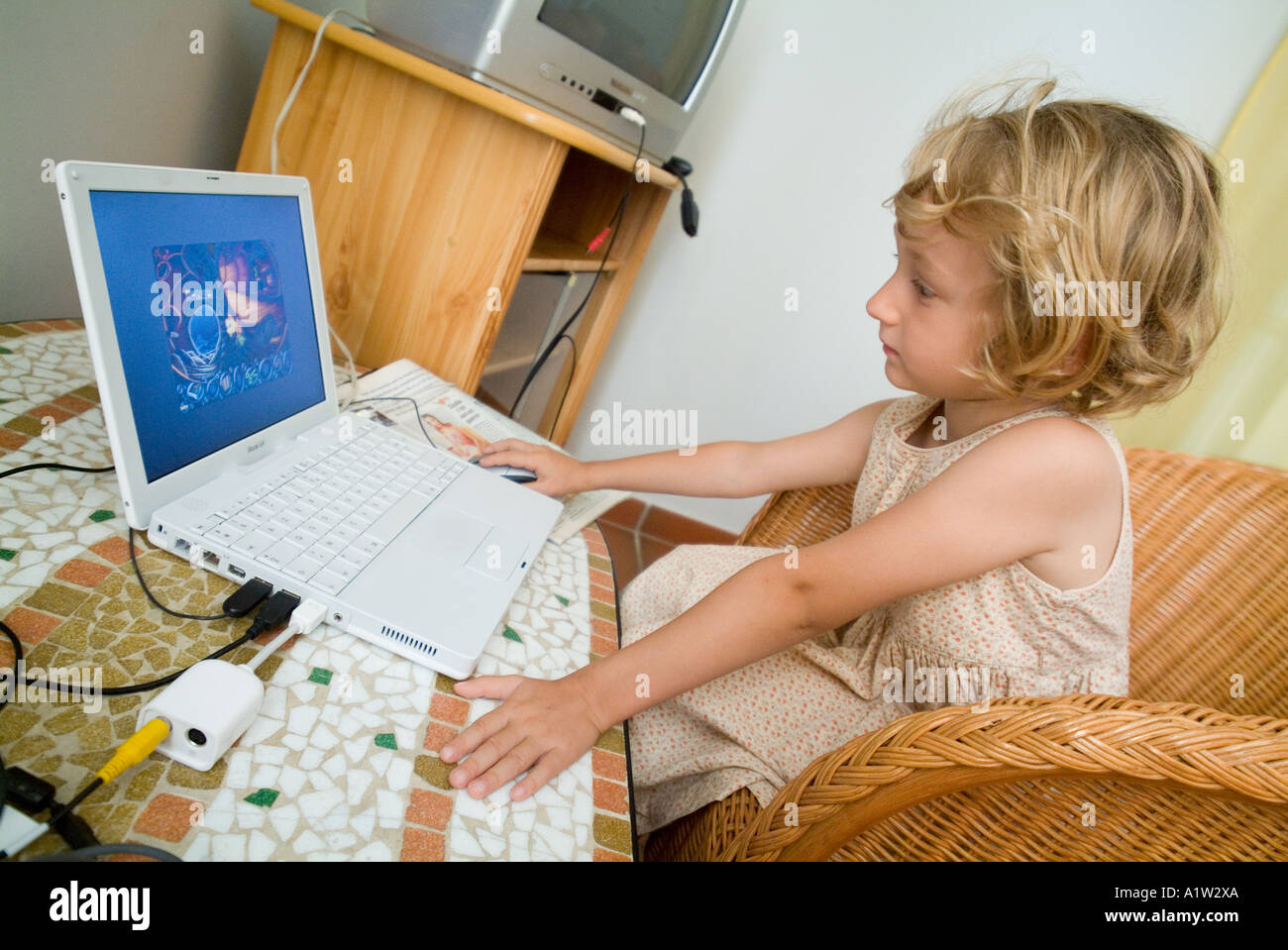 Blond girl playing games on her laptop computer Stock Photo - Alamy