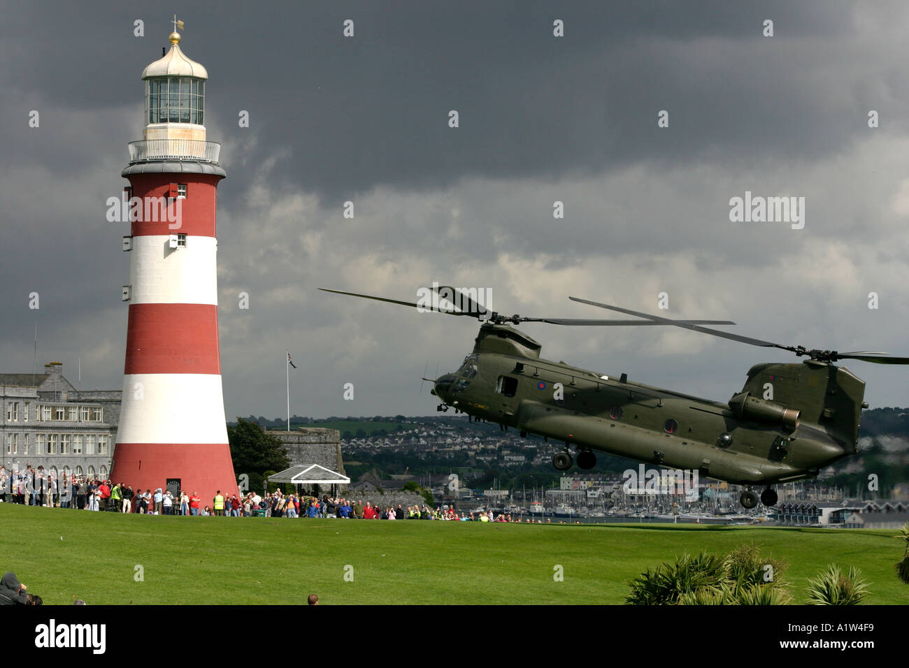 Chinook Helicopter takes off from Plymouth Hoe Devon England Armed ...