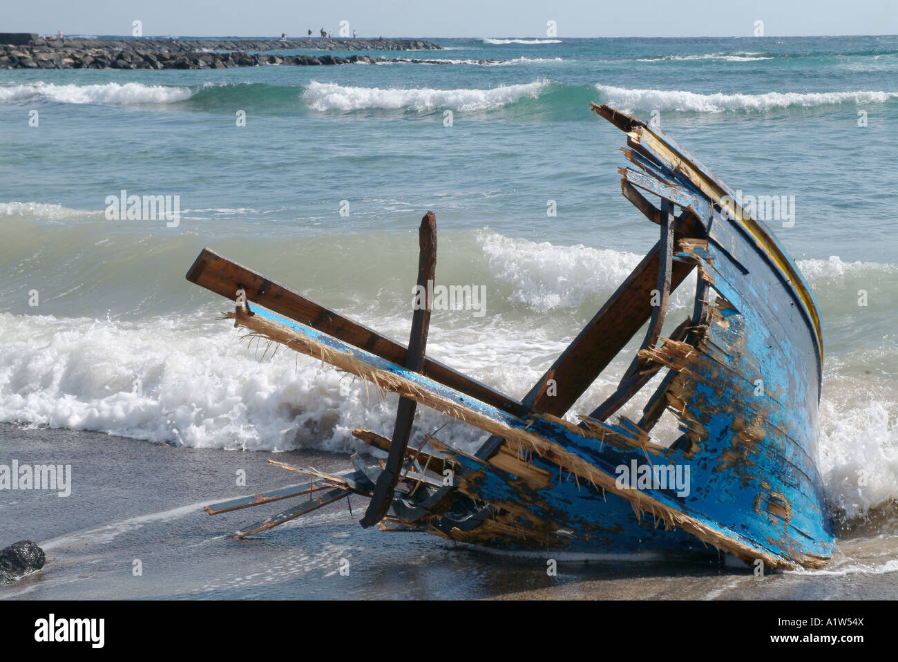 shipwreck washed up wooden boat on beach canary islands Stock Photo - Alamy