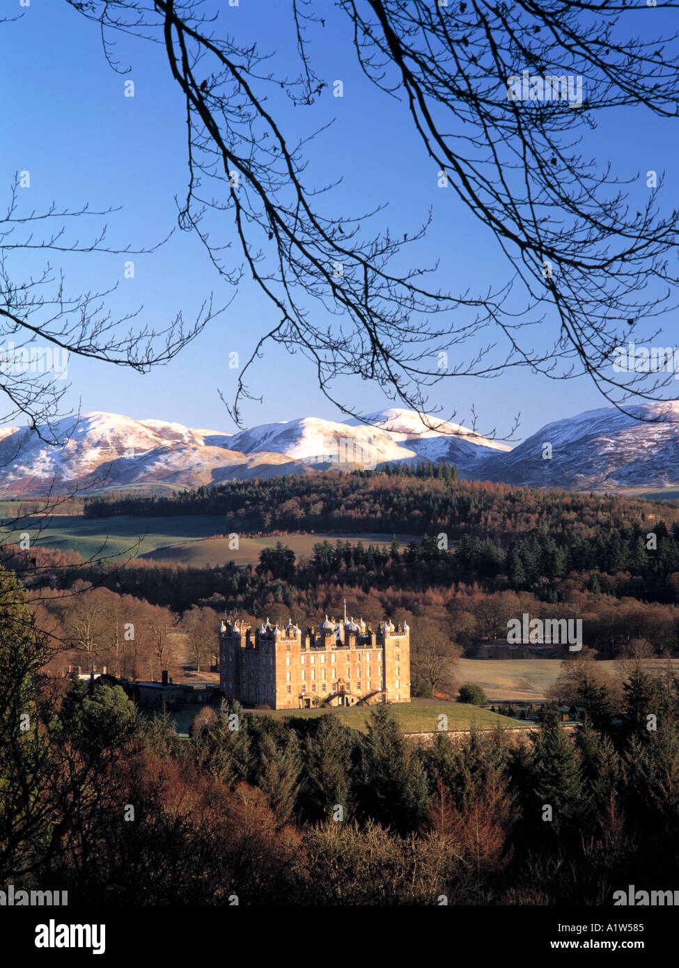 Scenic winter landscape Drumlanrig Castle sitting in the Nith Valley ...