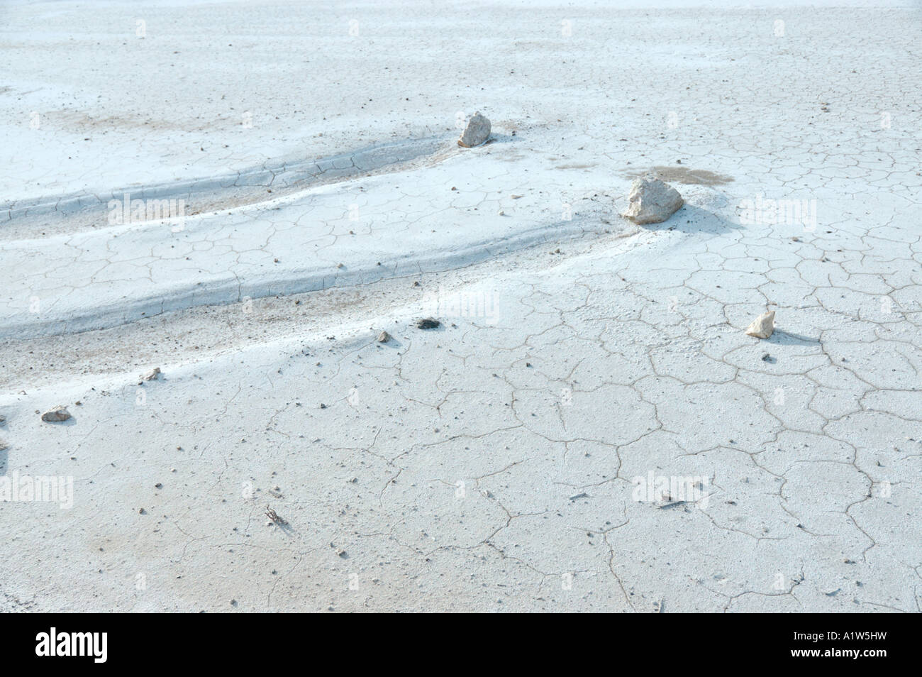 Rock trails on salt flat near Ballarat ghost town Death Valley National ...