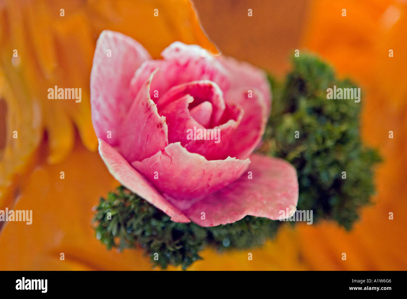 CHINA YANGTZE RIVER An artistic vegetable carving of a rose made from a ...