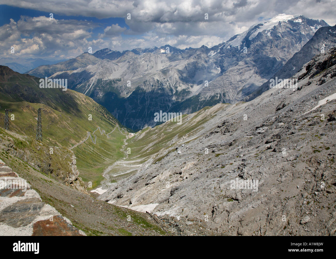 View of the north approach of the Stelvio Pass from the summit, Stelvio ...