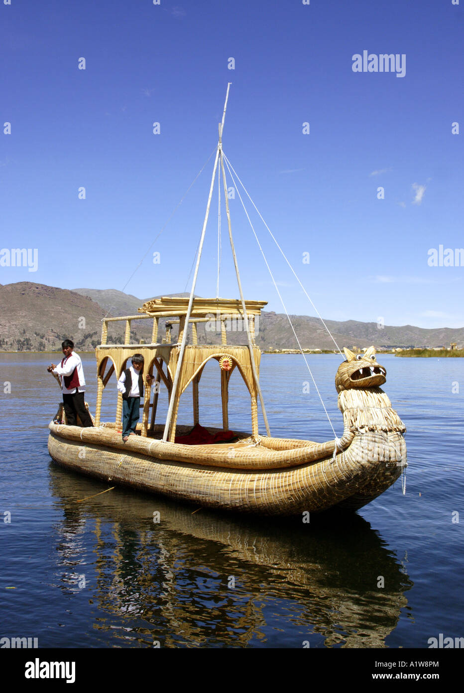 Reed Boat from the Floating Uros Islands, Lake Titicaca, Peru Stock ...