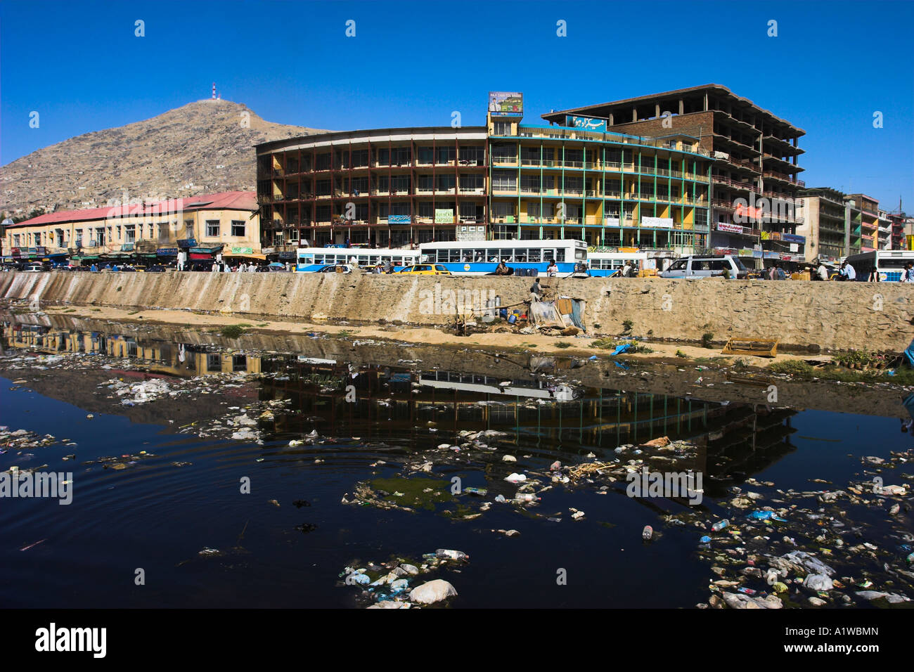 AFGHANISTAN Central Kabul Buildings on the banks of the polluted Kabul ...