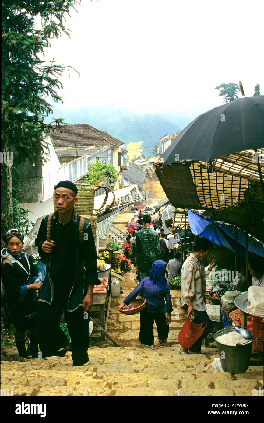 Villager walking up steps in Sapa North Vietnam Stock Photo - Alamy