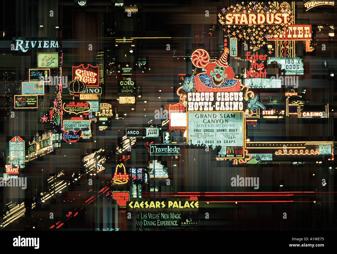 Expressionistic collection of light signs on the Strip in Las Vegas ...