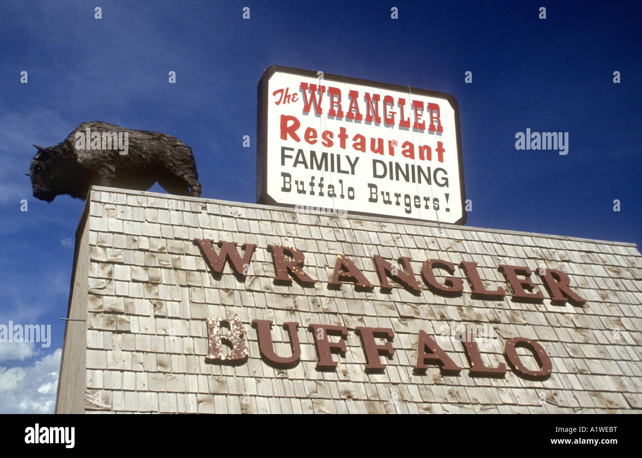 A Stuffed Buffalo(Bison)On The Roof Of A Rundown Restaurant In Custer ...
