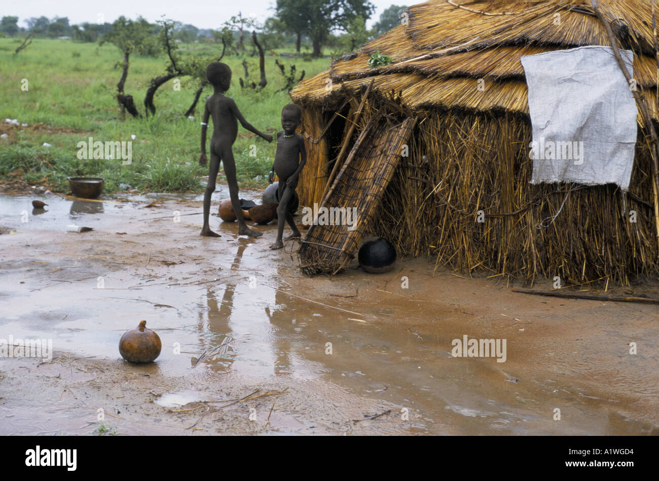 FAMINE.MALNOURISHED CHILDREN STANDING IN THE RAIN OUTSIDE THEIR HOME ...