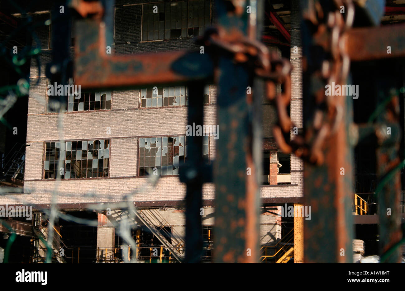 Locked gates of a derelict factory, Brunner Mond, Winnington, Northwich ...