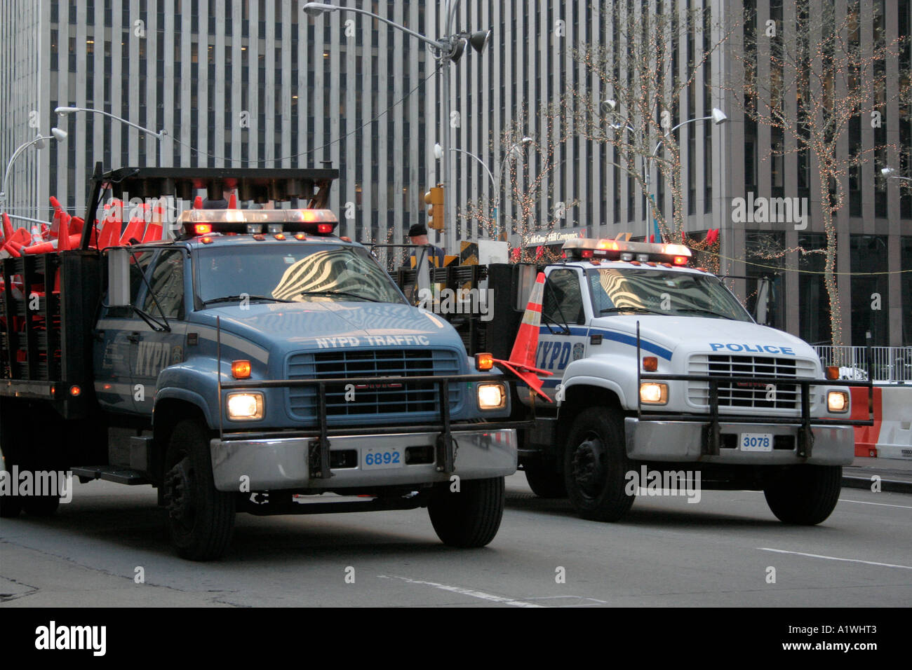 NYPD. New York traffic police trucks. Early morning Manhattan. New York ...