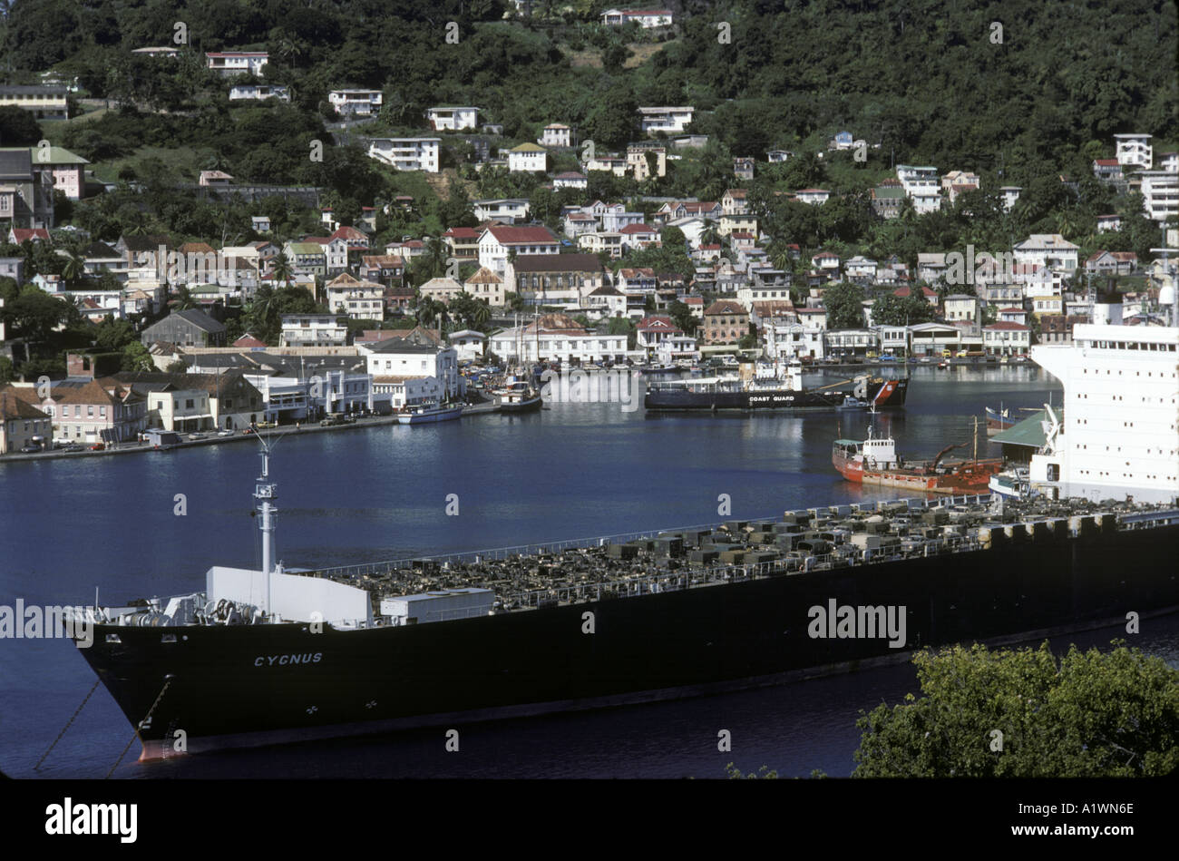 St George's port.US vehicles loaded on a ship which is ready to leave ...
