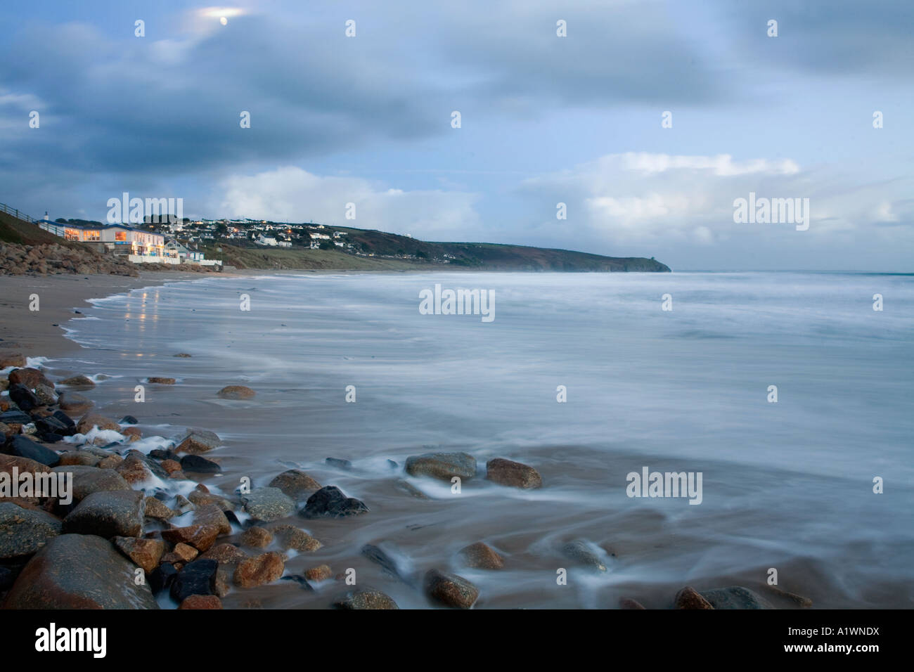 Praa Sands beach winter sunset looking towards Rinsey Head Cornwall ...