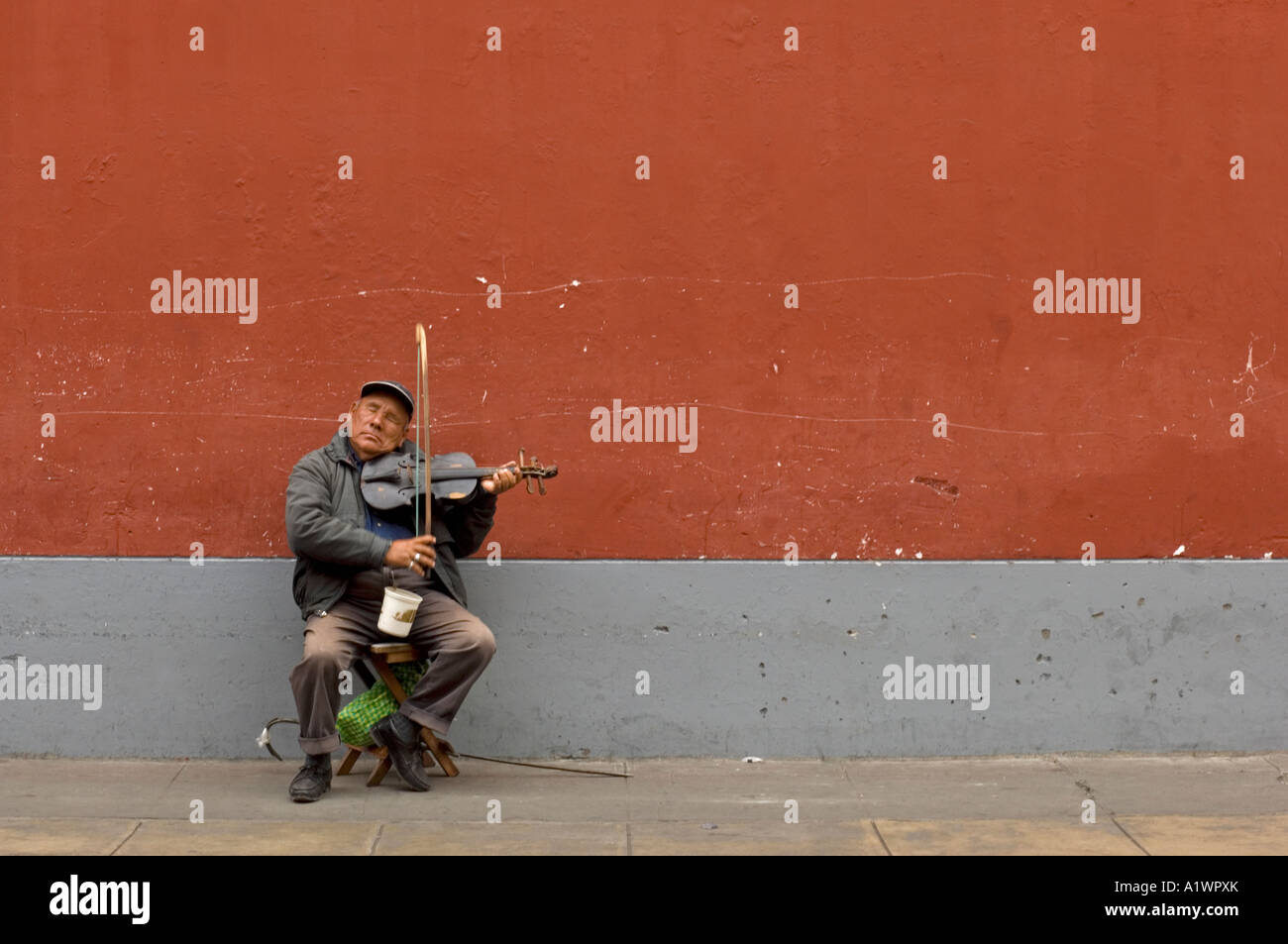A blind man playing a violin on the streets of Lima trying to earn a ...