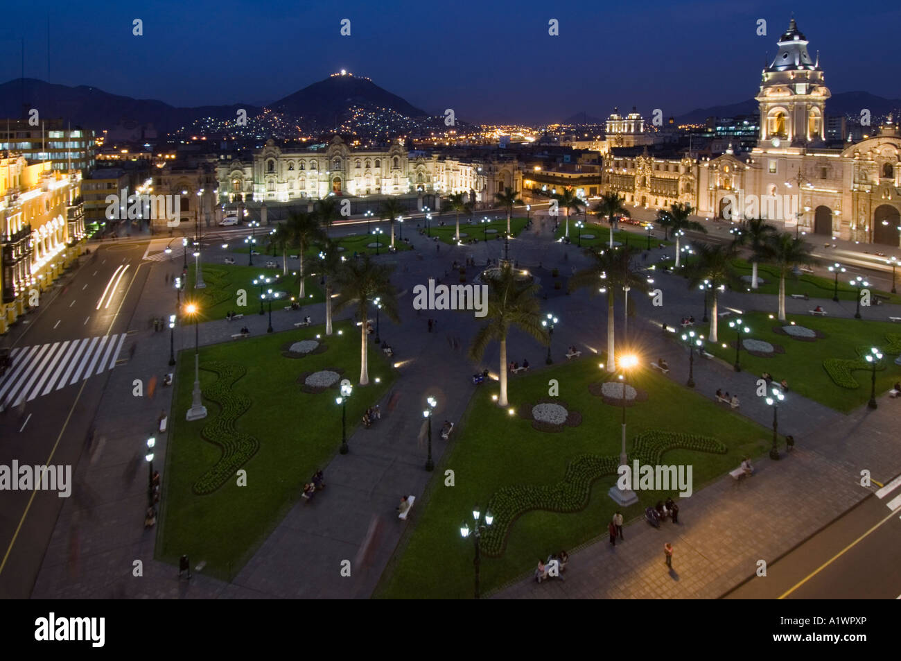 An aerial view of the main square in the historic center of Lima with ...