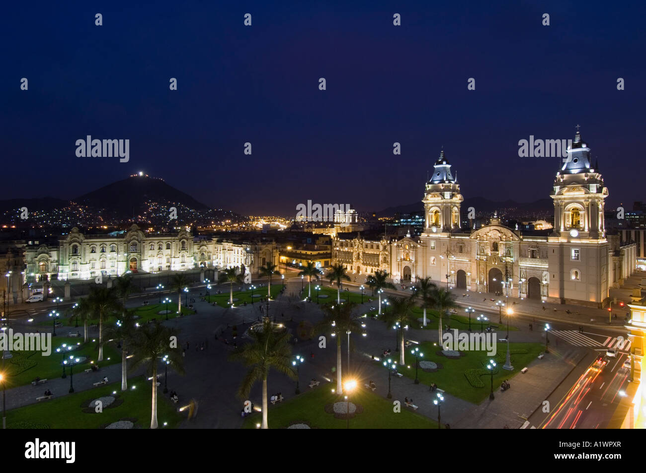 An aerial view of the main square in the historic center of Lima with ...