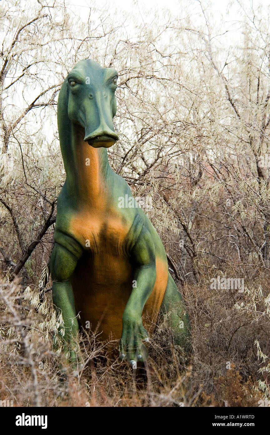 A replica of a duck billed dinosaur at the Calgary Zoo Prehistoric Park ...