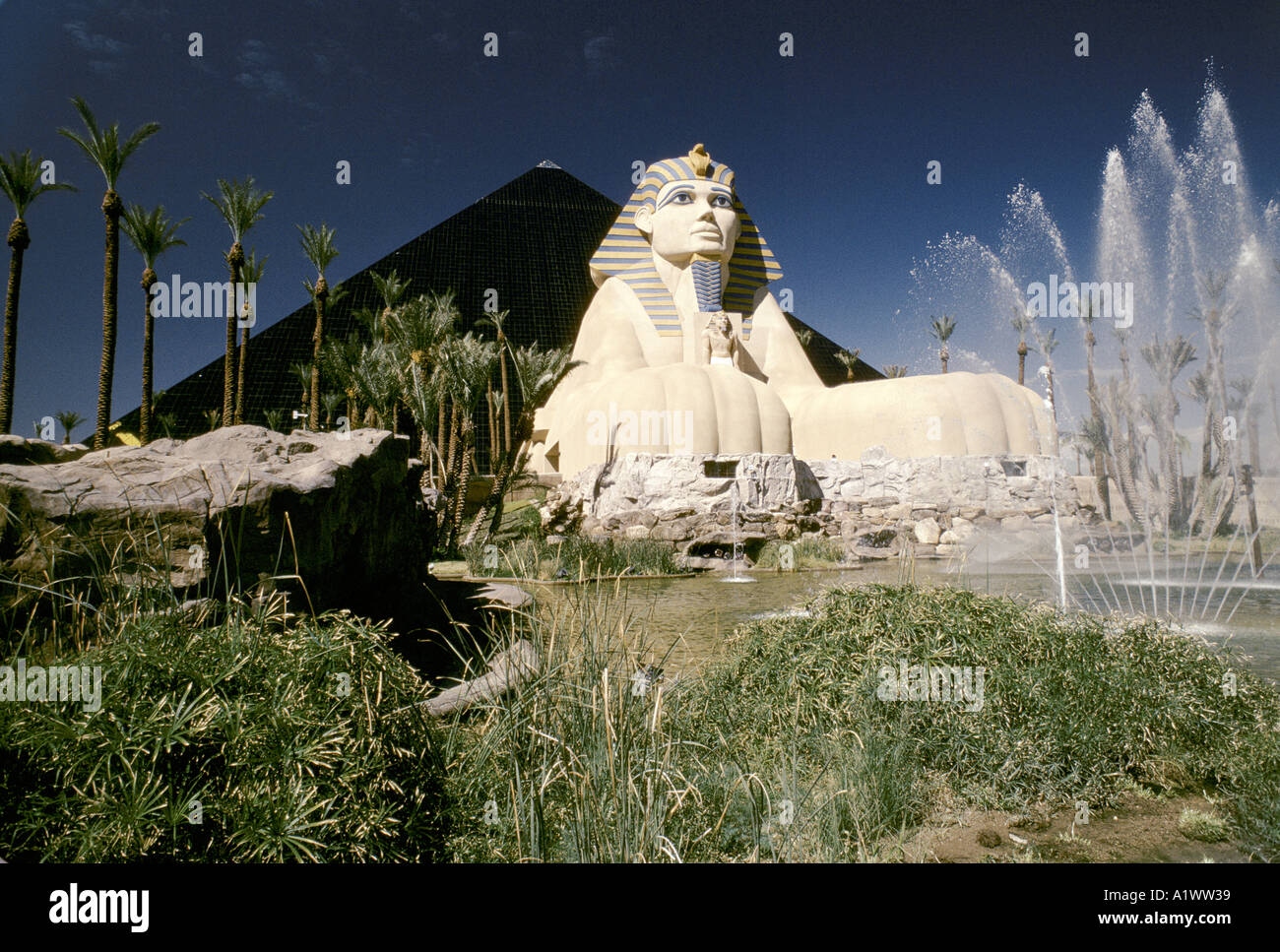 Exterior view showing water fountains of the Luxor Hotel & Casino ...
