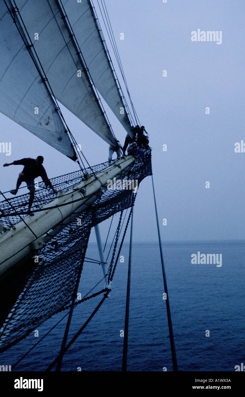 TALL SHIPS RACE 1994 VIEW FROM ABOARD OF CREW CLIMBING TO SECURE HEAD ...