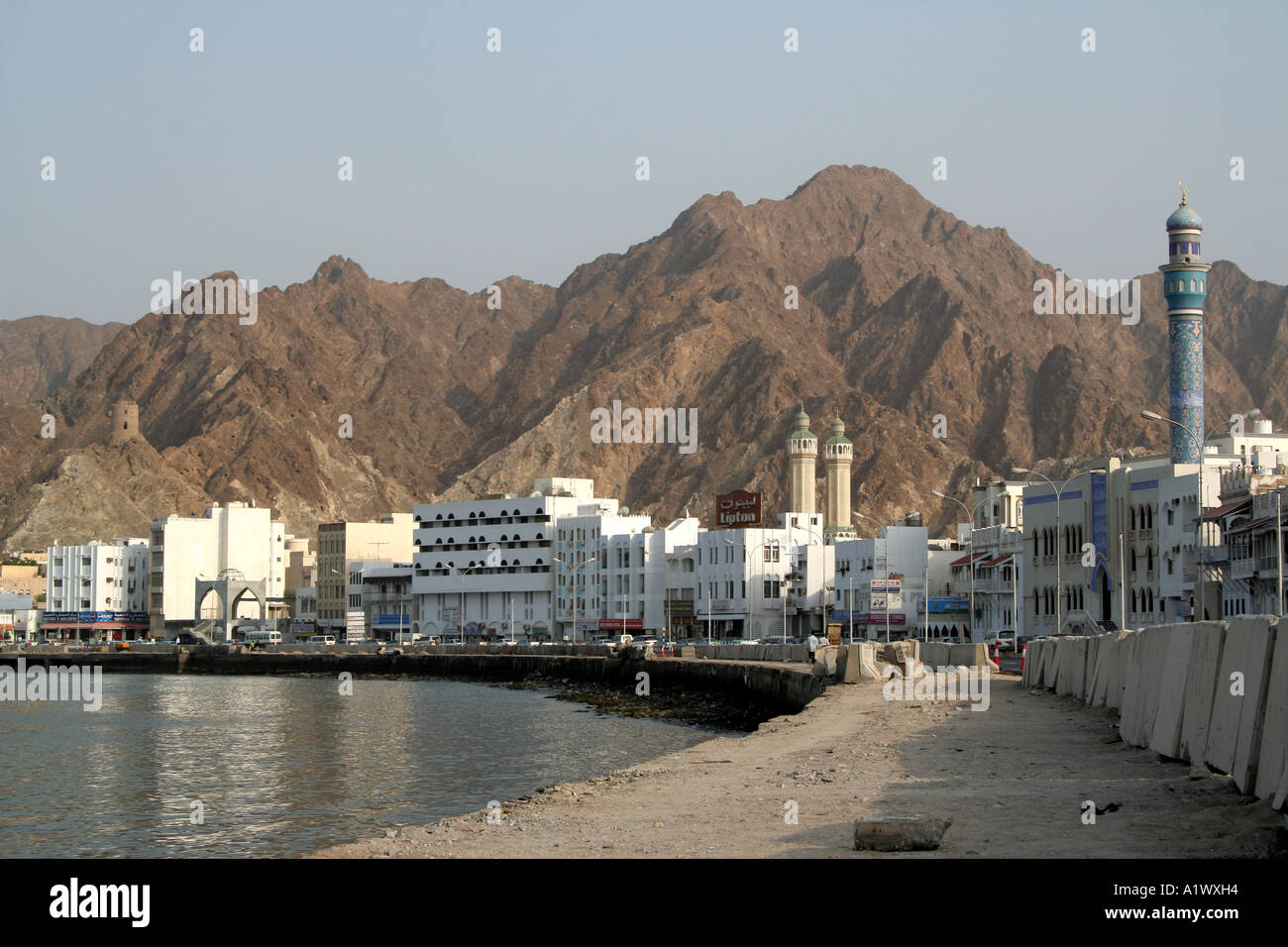 Muscat coastline, buildings, tower, minarets, mountains, Muscat, Oman ...
