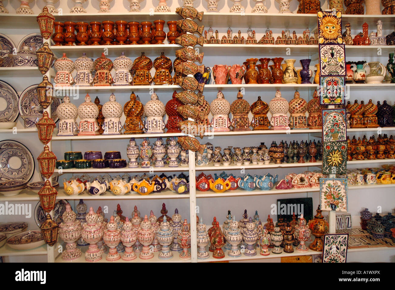 Pottery shop display in Guellala town on Djerba Island in Tunisia Stock ...