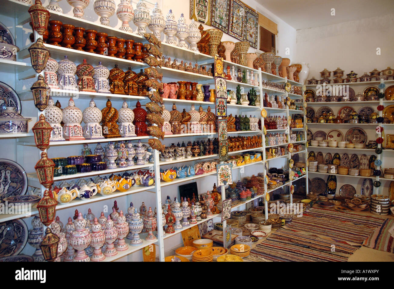 Pottery shop display in Guellala town on Djerba Island in Tunisia Stock ...