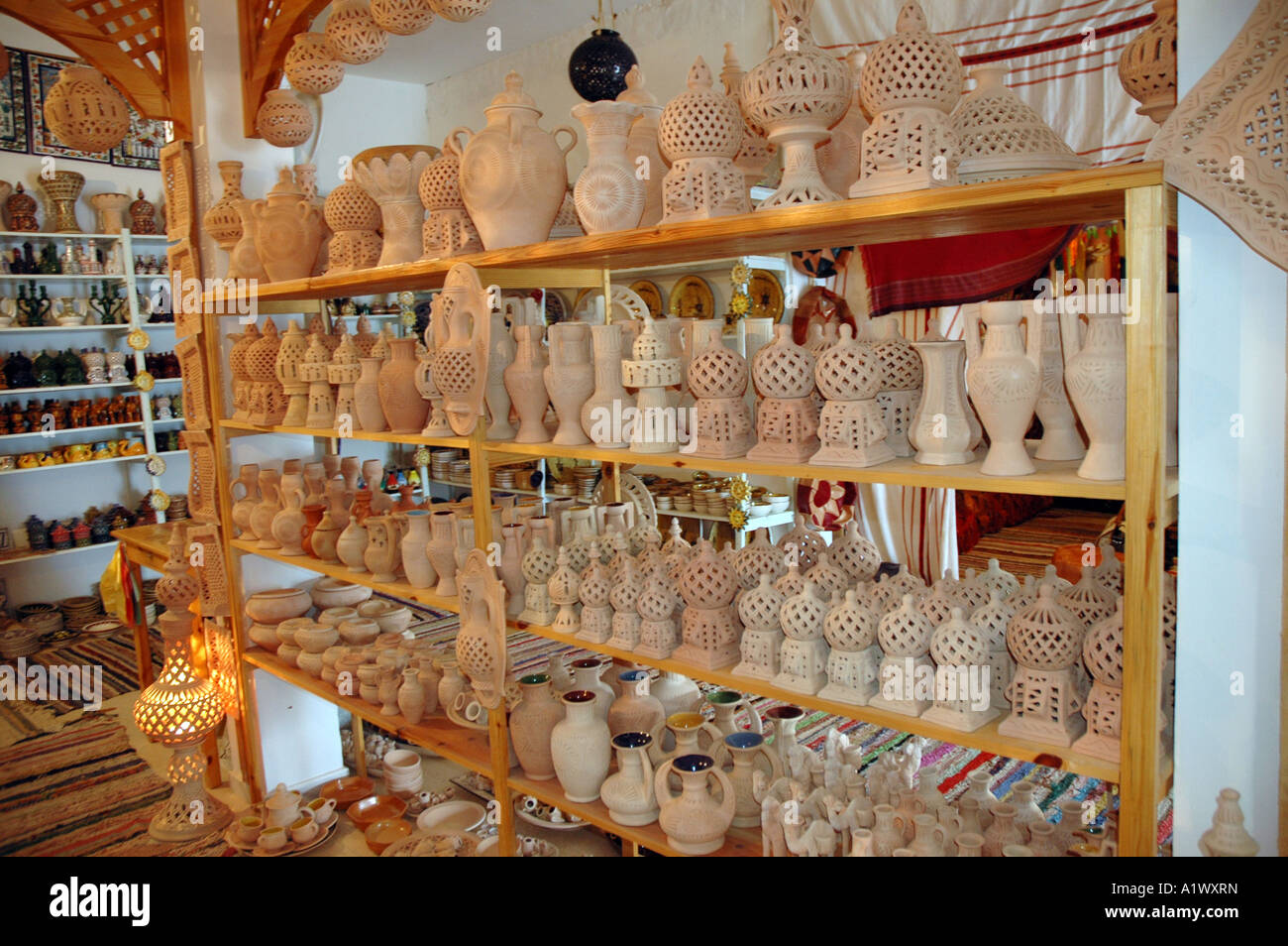 Pottery shop display in Guellala town on Djerba Island in Tunisia Stock ...