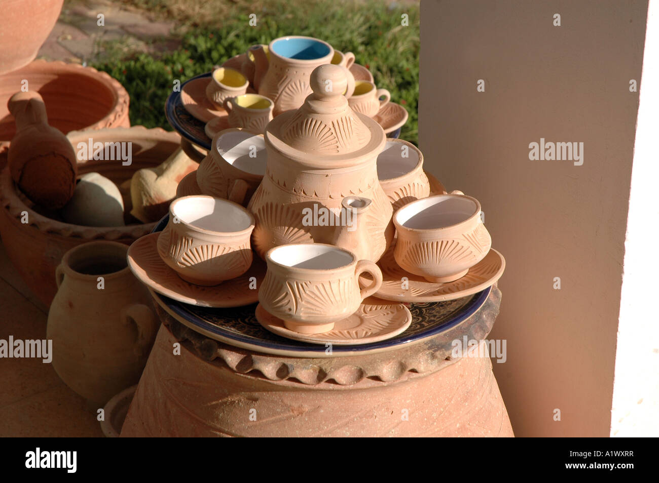 Pottery shop display in Guellala town on Djerba Island in Tunisia Stock ...