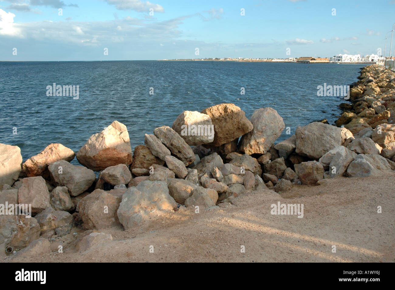 Mediterranean Sea seashore seeing from Ajim town on Djerba Island ...