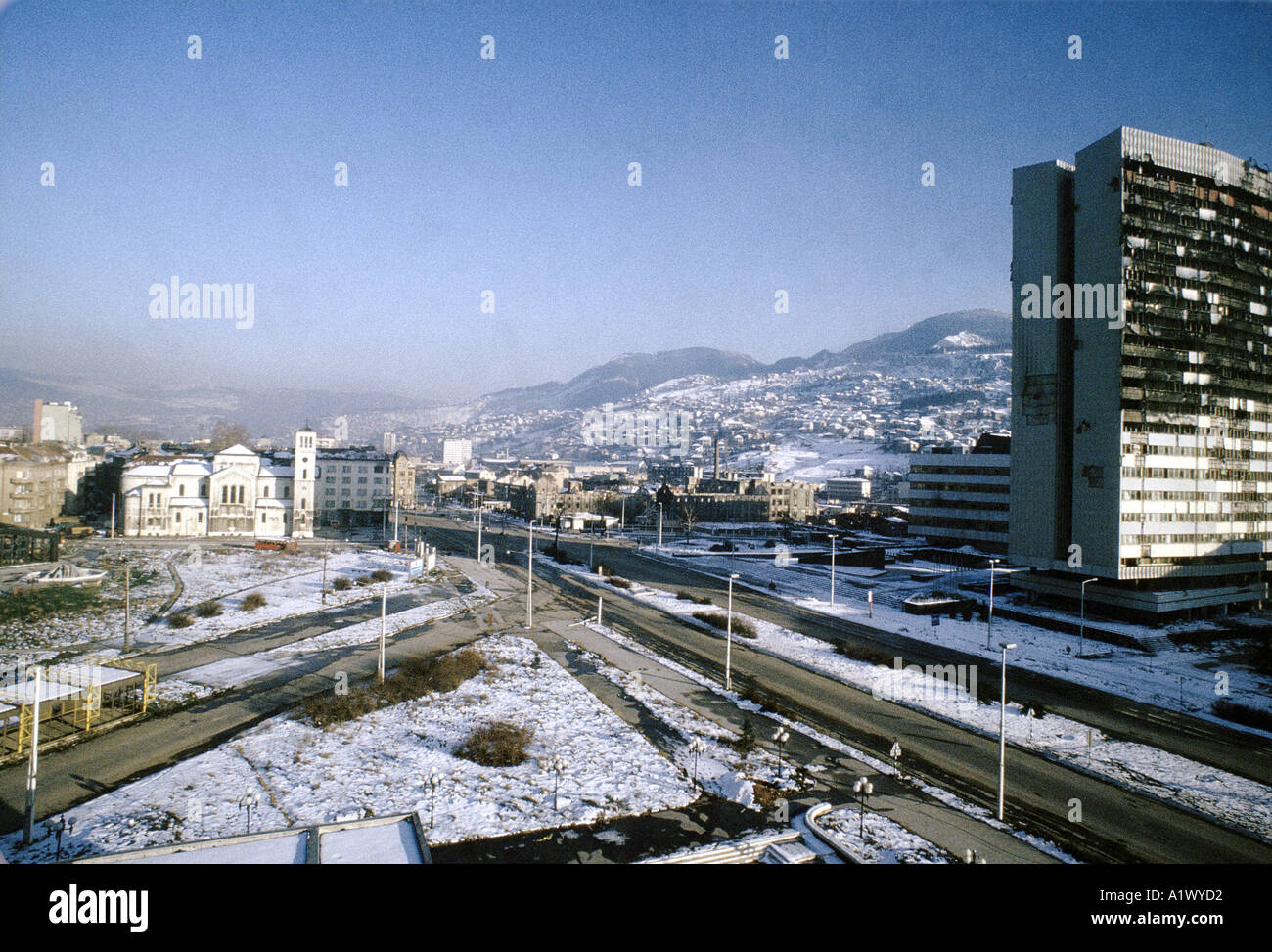 View of destruction of downtown Sarajevo from the Holiday Inn Hotel ...