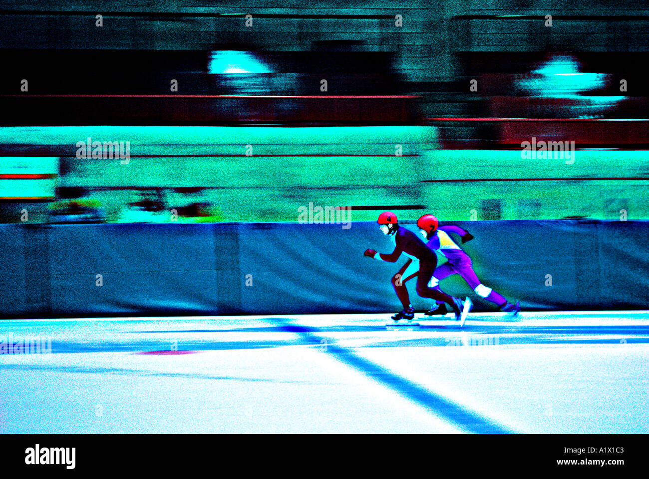 Speed Skaters head to head at the finish line Stock Photo - Alamy