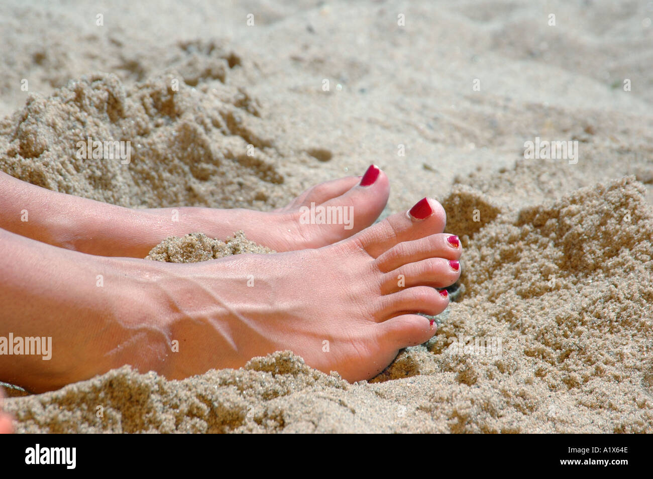 woman with feet in sand bright sun on beach vacation Stock Photo - Alamy