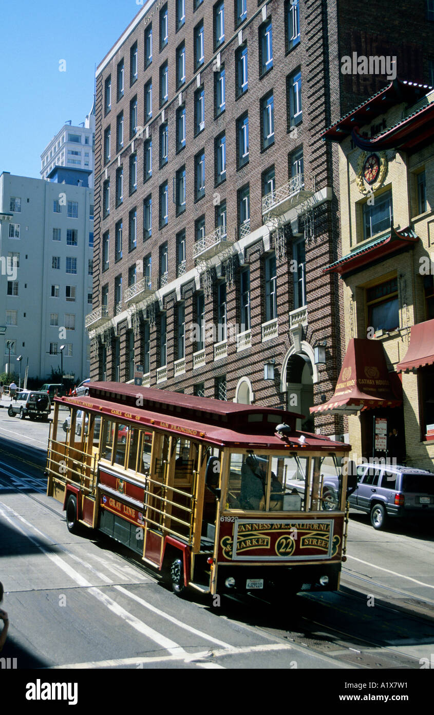 Municipal Railway trolley bus on steep sloping street San Francisco ...