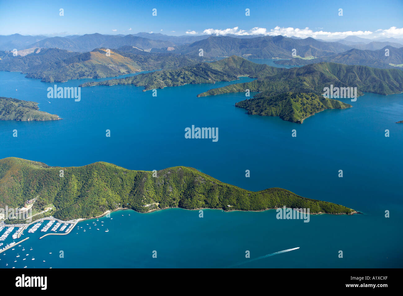 Waikawa Bay Marlborough Sounds South Island New Zealand aerial Stock ...