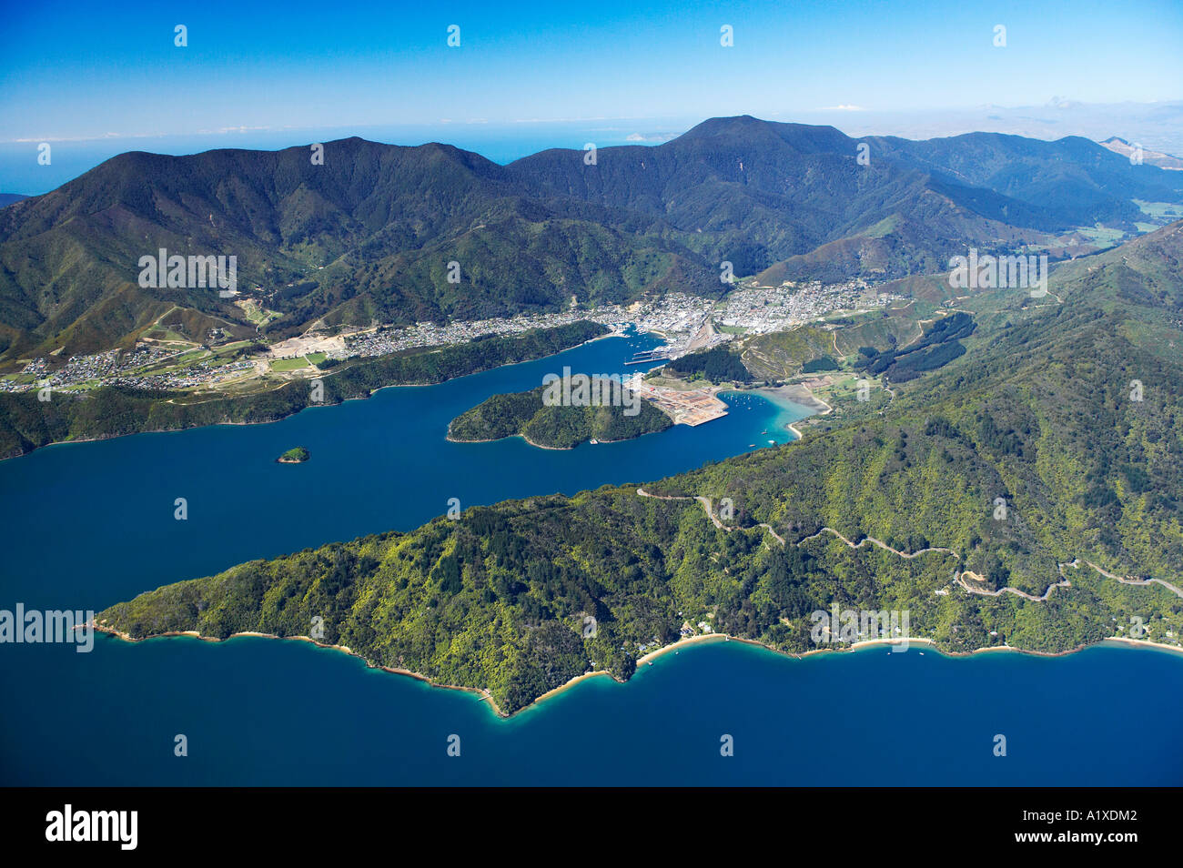 Picton Harbour Marlborough Sounds South Island New Zealand aerial Stock ...