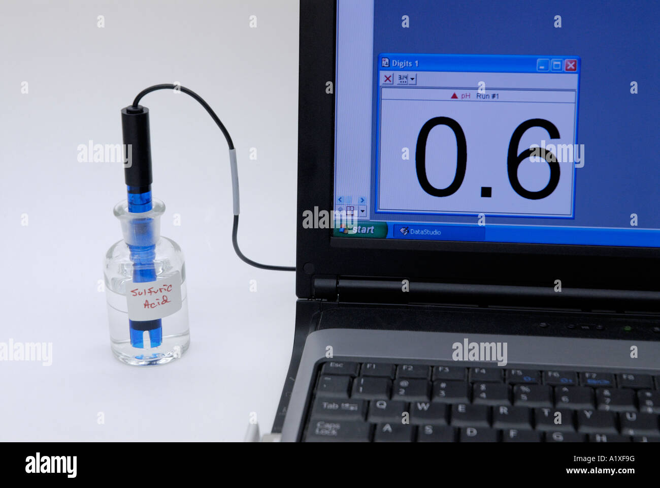 Digital pH sensor measuring pH of a strong acid, sulfuric acid Stock ...
